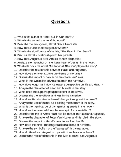 The Fault in Our Stars. 40 Reading Comprehension Questions (Editable ...