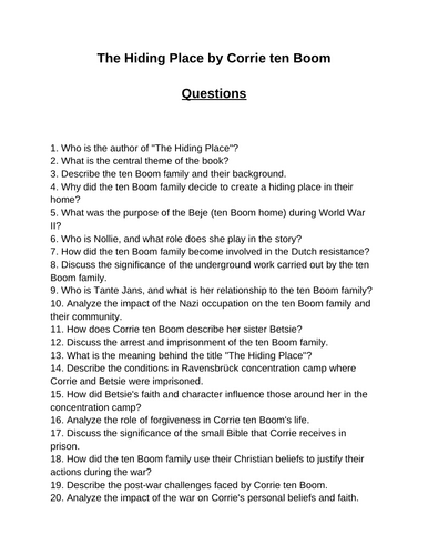 The Hiding Place. 40 Reading Comprehension Questions (Editable ...