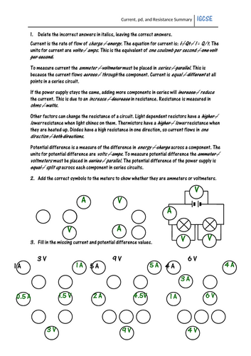 Current, PD & Resistance Summary Worksheet | Teaching Resources