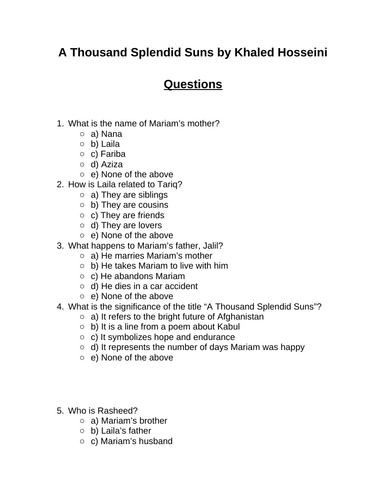 A Thousand Splendid Suns. 30 multiple-choice questions (Editable ...