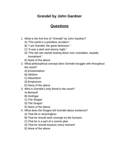 Grendel. 30 multiple-choice questions (Editable) | Teaching Resources