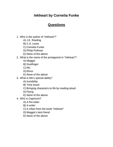 Inkheart. 30 multiple-choice questions (Editable) | Teaching Resources