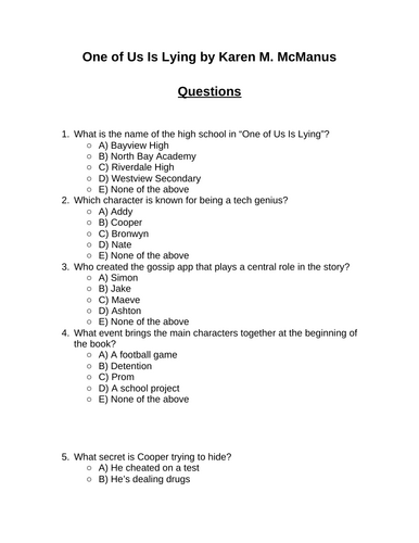 One of Us Is Lying. 30 multiple-choice questions (Editable) | Teaching ...