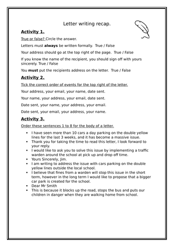 Letter writing recap resource sheet | Teaching Resources