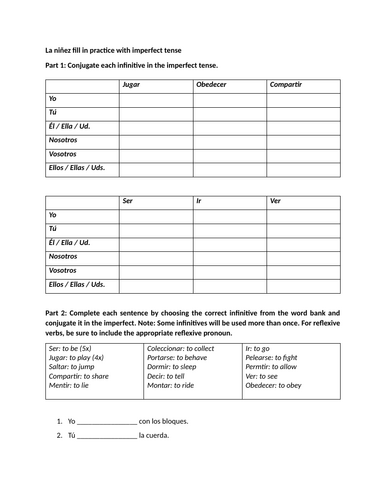 La niñez fill in practice with imperfect tense | Teaching Resources