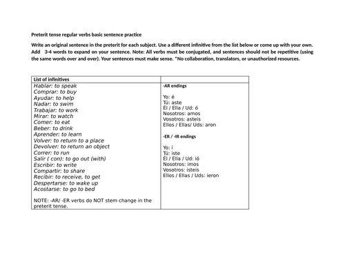 Preterit tense regular verbs basic sentence practice | Teaching Resources