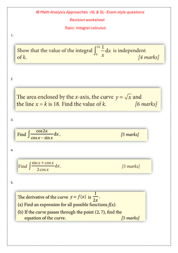 IB AA HL & SL Revision worksheet Integral calculus | Teaching Resources