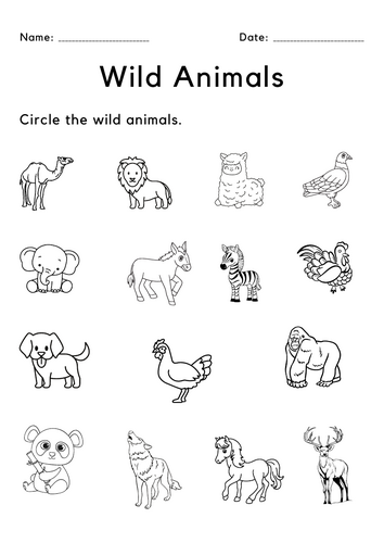 circle the wild animals worksheet black and white | Teaching Resources