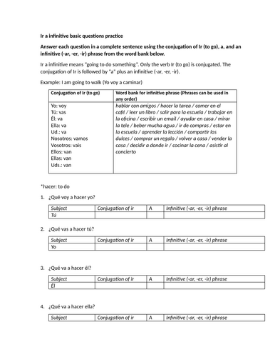 Ir a infinitive basic questions practice | Teaching Resources