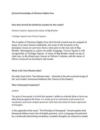 Revision sheet: TEXTUAL KNOWLEDGE OF "Nineteen Eighty-Four" A LEVEL ...