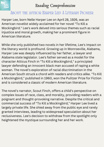 Harper Lee: A Literary Pioneer Reading Comprehension and Research Tasks ...