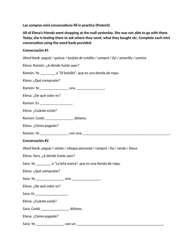 Las compras mini conversations fill in practice (Preterit) | Teaching ...