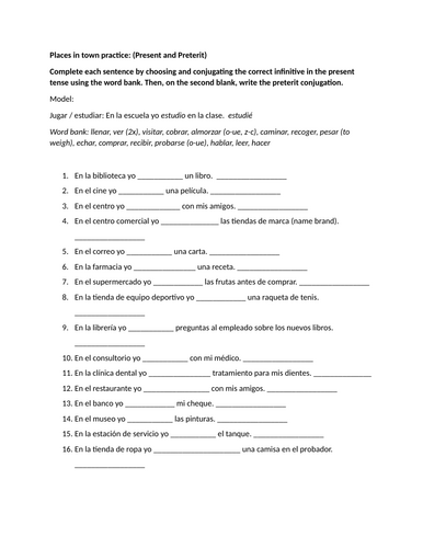 Places in town practice: (Present and Preterit) | Teaching Resources