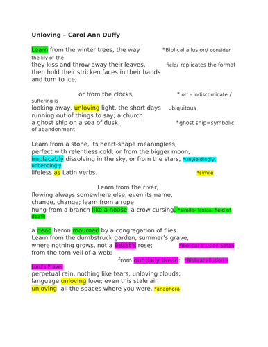 Teacher Resource: "Unloving" by Carol Ann Duffy: A LEVEL ENGLISH ...