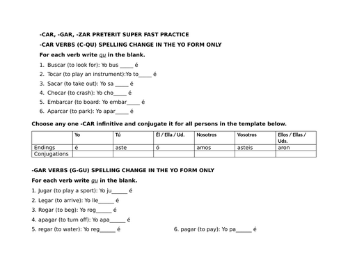 -CAR, -GAR, -ZAR Preterit super fast practice | Teaching Resources