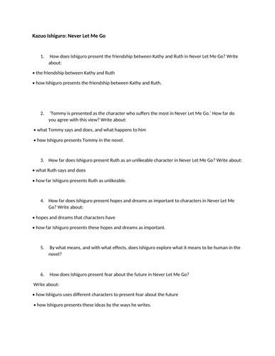 Kazuo Ishiguro: Never Let Me Go: GCSE ENGLISH LITERATURE: bank of essay ...