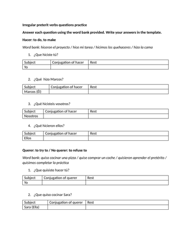Irregular preterit verbs questions practice (Spanish) | Teaching Resources