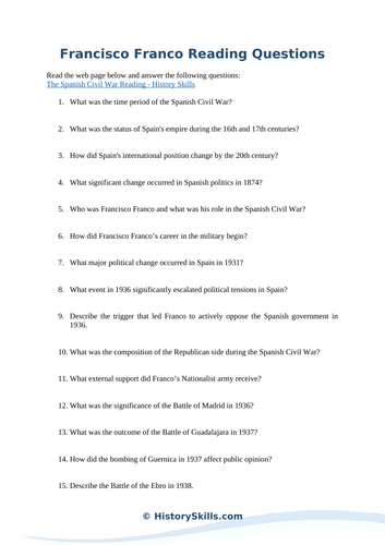 Spanish Civil War Reading Questions Worksheet | Teaching Resources