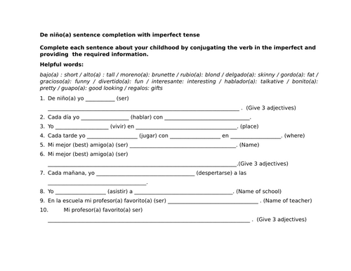 De niño(a) sentence completion with imperfect tense | Teaching Resources