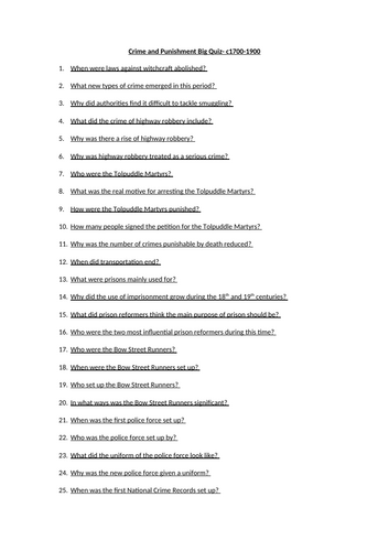 Crime and Punishment Big Quiz-1700-1900 | Teaching Resources