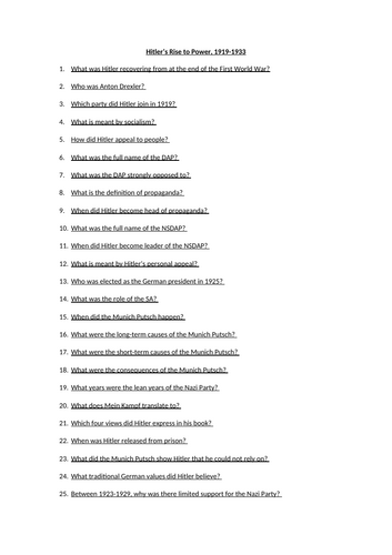 Hitlers Rise to Power-1919-33- Big Quiz | Teaching Resources