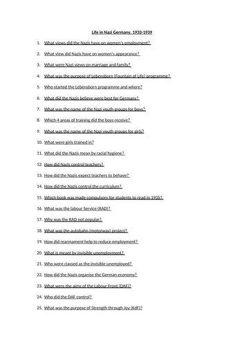 Life in Nazi Germany 1933-39 Big Quiz | Teaching Resources