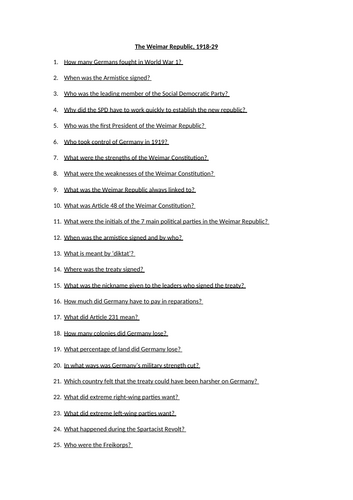 Weimar Republic- 1918-29- Big Quiz | Teaching Resources
