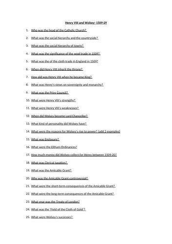 Henry VIII and Wolsey Big Quiz | Teaching Resources