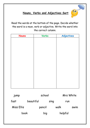 Nouns, Verbs and Adjective Sort (2 Levels) | Teaching Resources