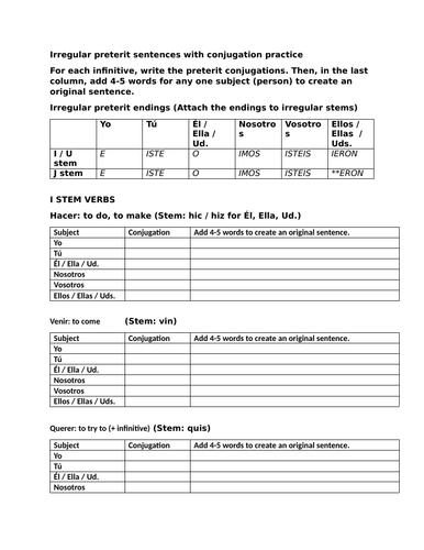 Irregular preterit sentences with conjugation practice | Teaching Resources