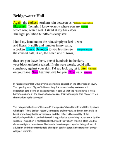 A LEVEL ENGLISH LITERATURE analysis of "Bridgewater Hall" CAROL ANN ...