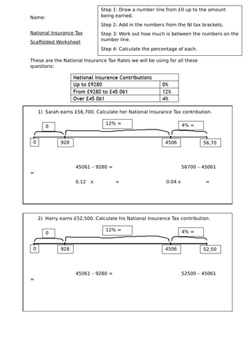 Scaffolded National Insurance Tax Worksheet | Teaching Resources