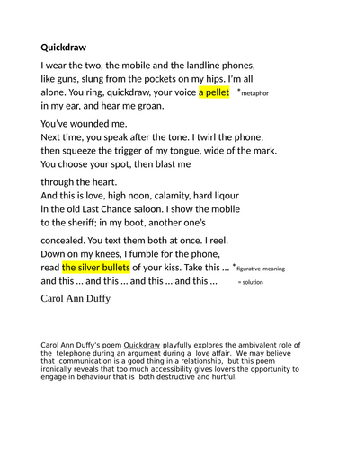 A* ANALYSIS OF "Quickdraw" by Carol Ann Duffy ENGLISH LITERATURE A ...