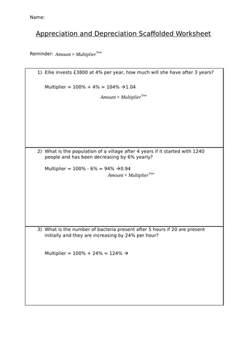 Scaffolded Appreciation and Depreciation Worksheet N5 | Teaching Resources