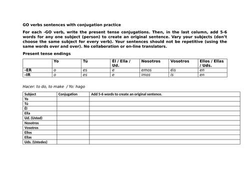 GO verbs sentences with conjugation practice | Teaching Resources