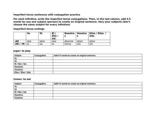 Imperfect tense sentences with conjugation practice | Teaching Resources
