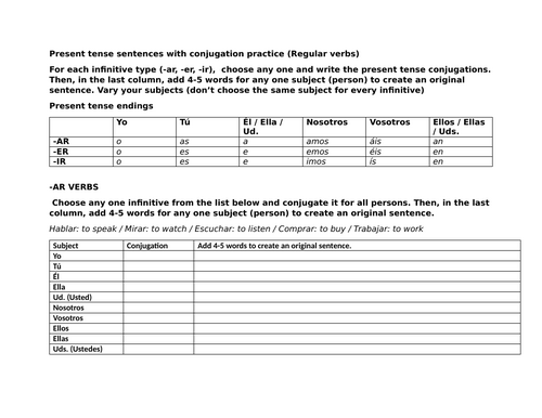 Present tense sentences with conjugation practice (Regular verbs ...