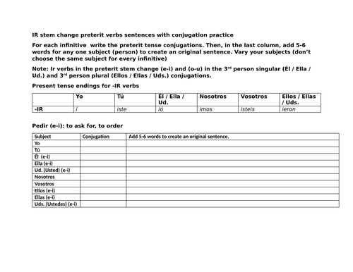 IR stem change preterit verbs sentences with conjugation practice ...