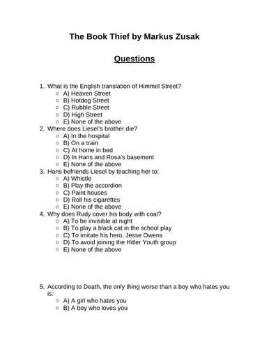 The Book Thief. 30 multiple-choice questions (Editable) | Teaching ...