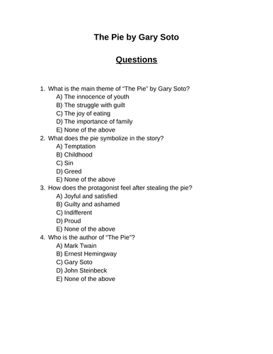 The Pie by Gary Soto. 30 multiple-choice questions (Editable ...