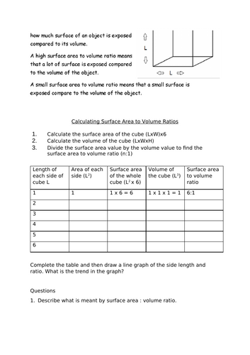 Surface Area to Volume Ratio Worksheet | Teaching Resources