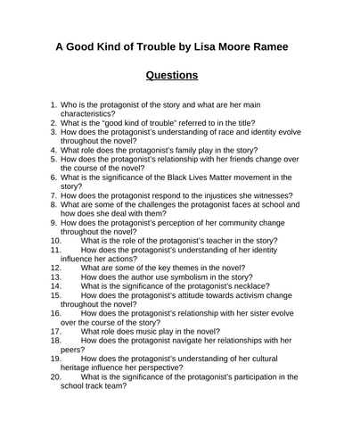A Good Kind of Trouble. 40 Reading Comprehension Questions (Editable ...