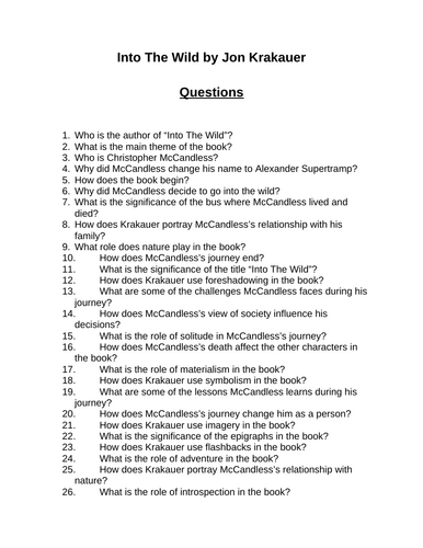 Into The Wild. 40 Reading Comprehension Questions (Editable) | Teaching ...