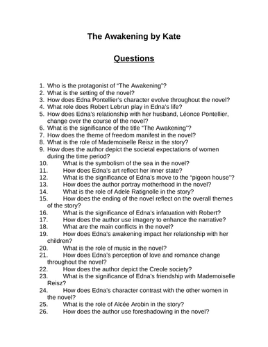 The Awakening. 40 Reading Comprehension Questions (Editable) | Teaching ...