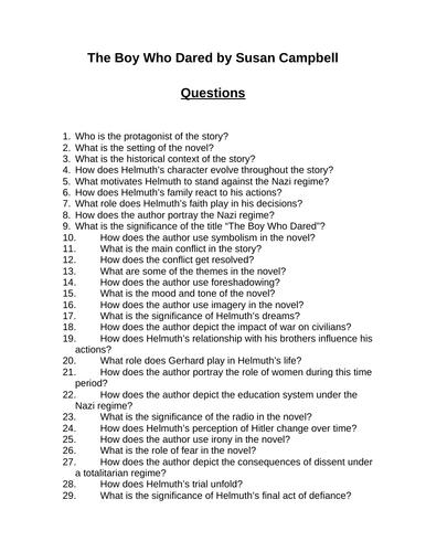 The Boy Who Dared. 40 Reading Comprehension Questions (Editable ...