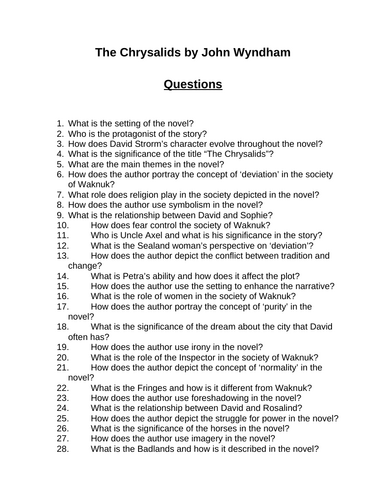 The Chrysalids. 40 Reading Comprehension Questions (Editable ...