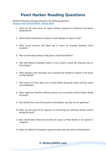 Attack on Pearl Harbor Reading Questions Worksheet | Teaching Resources