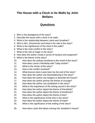 The House with a Clock in Its Walls. 40 Reading Comprehension Questions ...