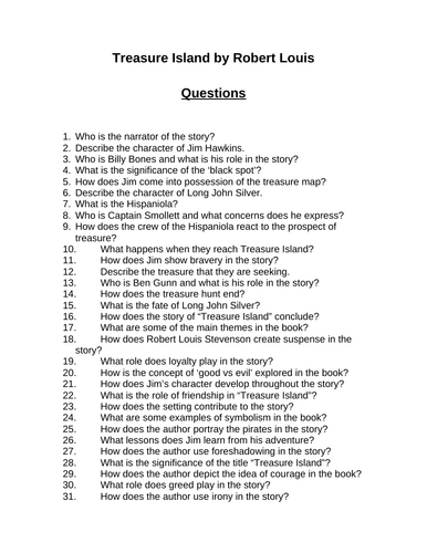 Treasure Island. 40 Reading Comprehension Questions (Editable ...