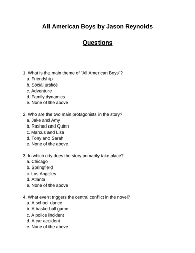 All American Boys. 30 multiple-choice questions (Editable) | Teaching ...